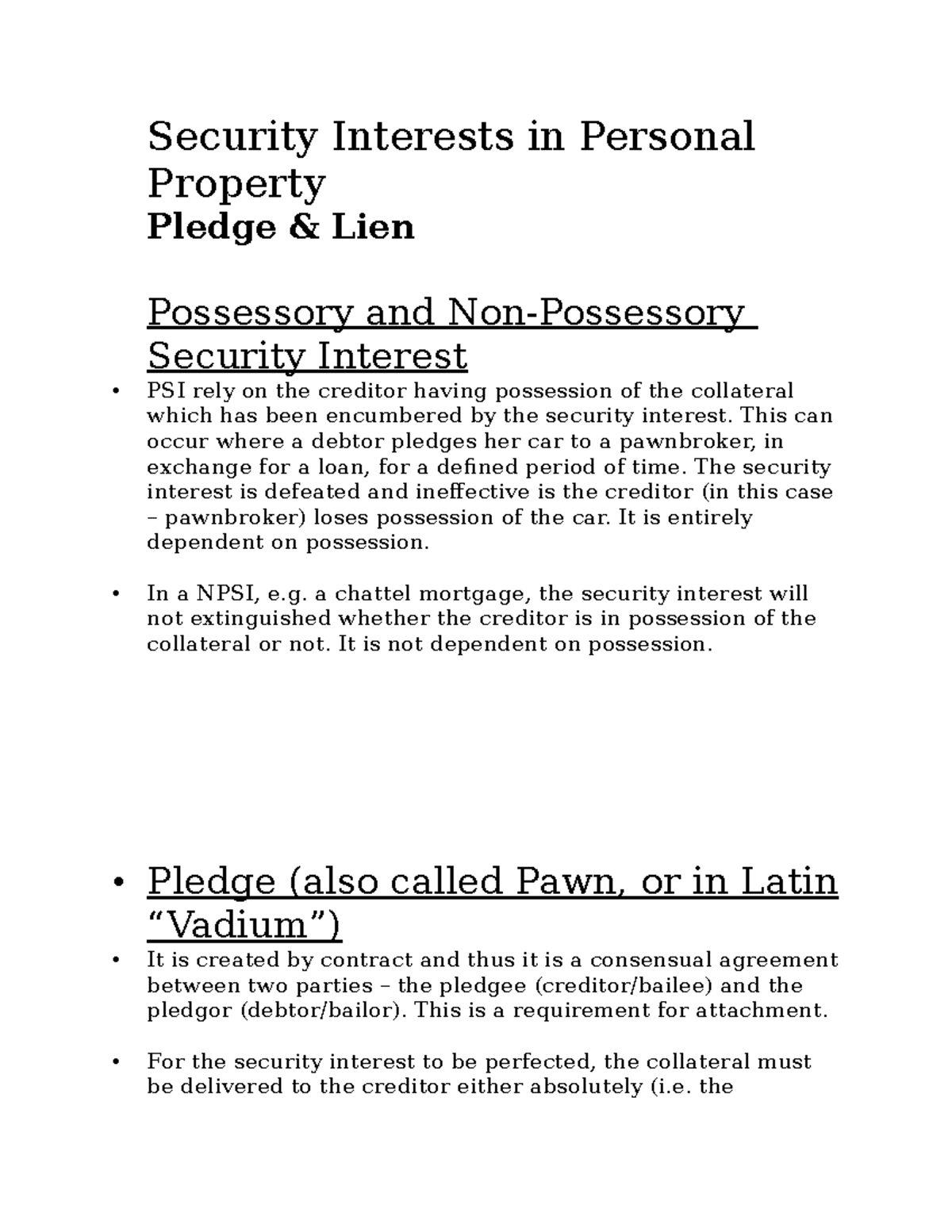 Security Interests in Personal Property - Pledge & Lien - Security Interests in Personal ...