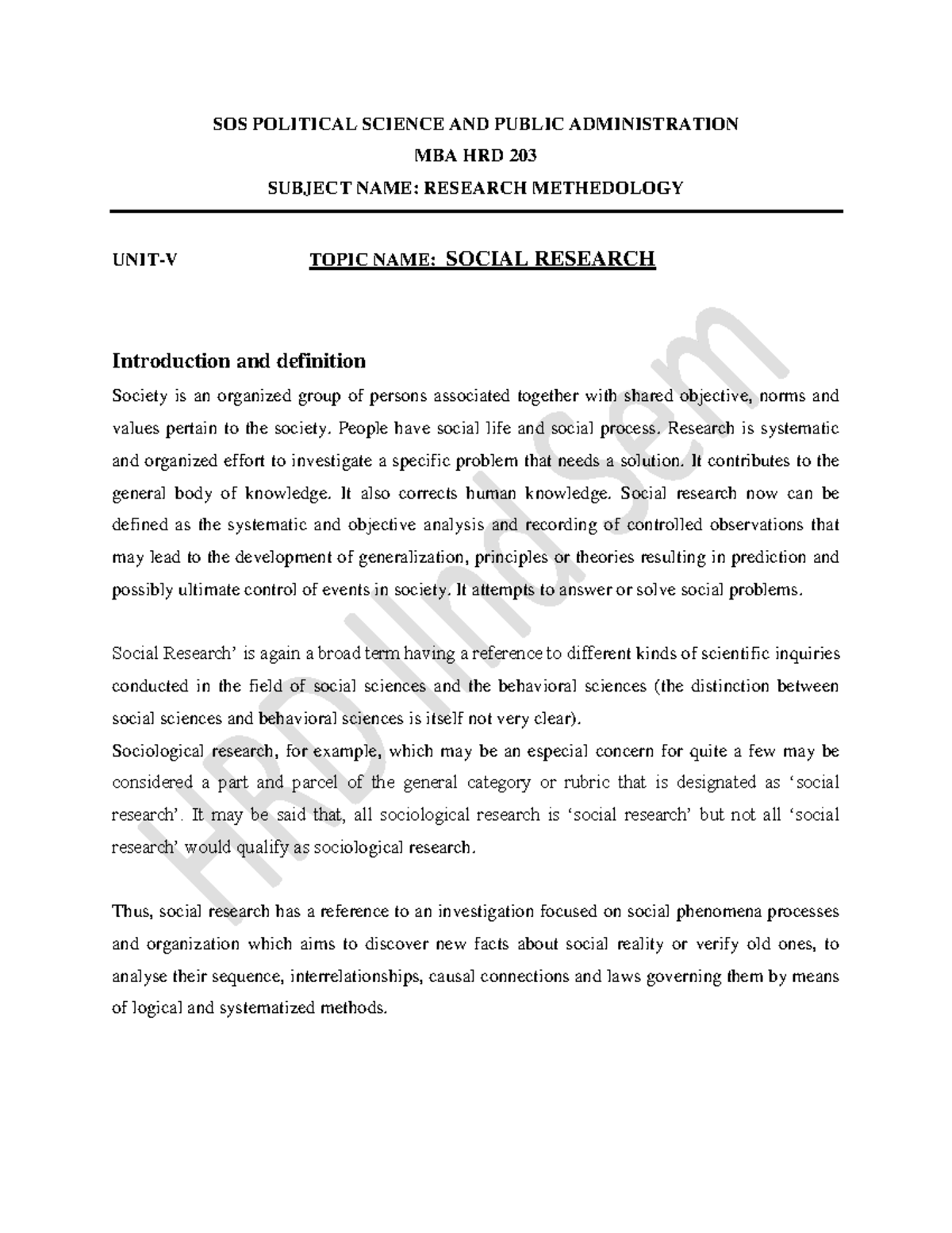 Research Methodology 1 - SOS POLITICAL SCIENCE AND PUBLIC ADMINISTRATION MBA HRD 203 SUBJECT ...