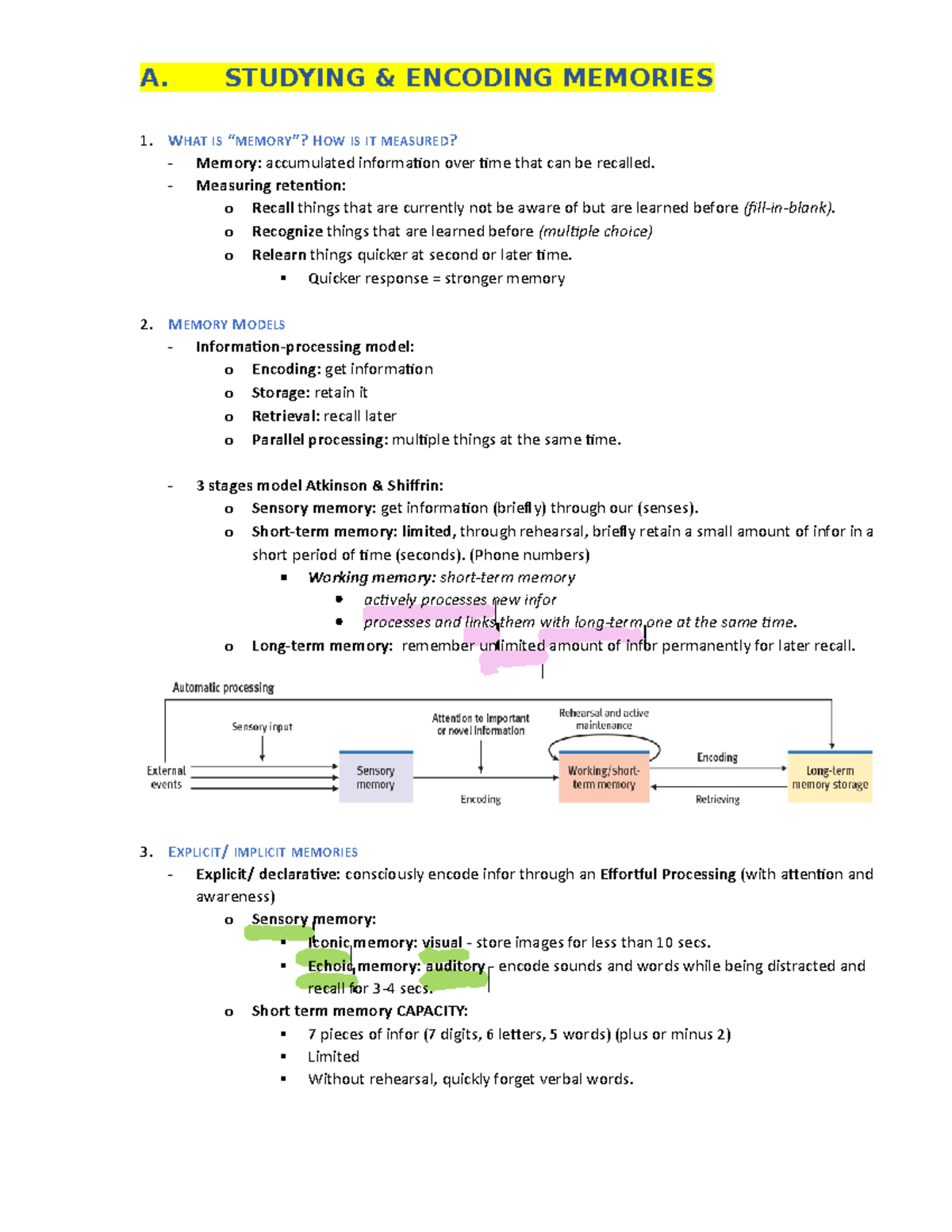Memory - study guide - A. STUDYING & ENCODING MEMORIES 1. WHAT IS ...