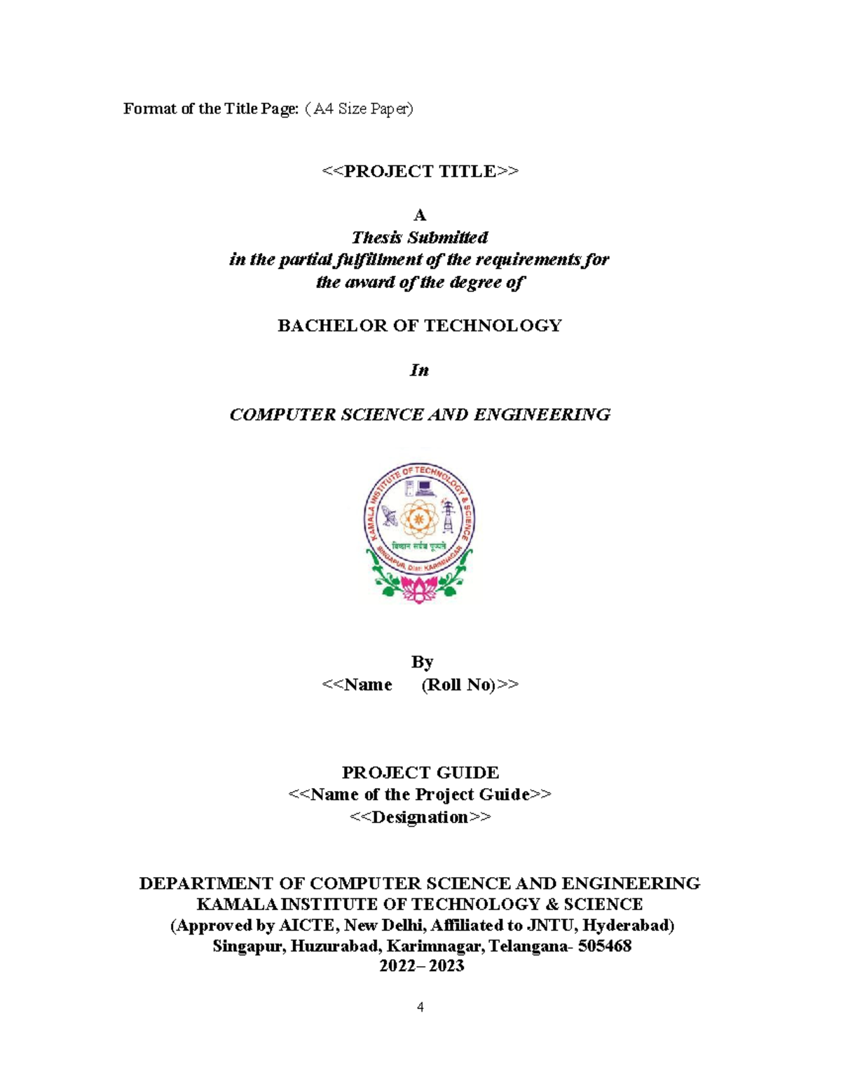 Documentation format-2022-23 - Format of the Title Page: ( A4 Size Paper)