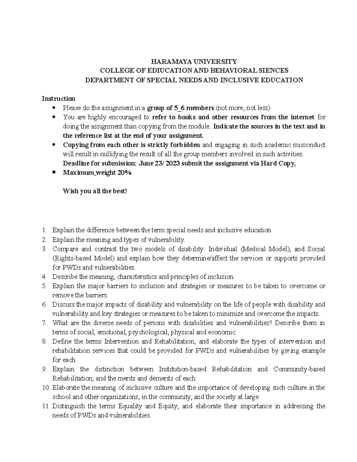 Inclusiveness Assignment - HARAMAYA UNIVERSITY COLLEGE OF EDIUCATION ...