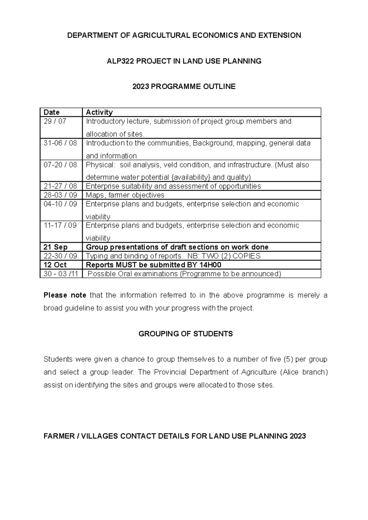 Project programme 2023 - DEPARTMENT OF AGRICULTURAL ECONOMICS AND ...