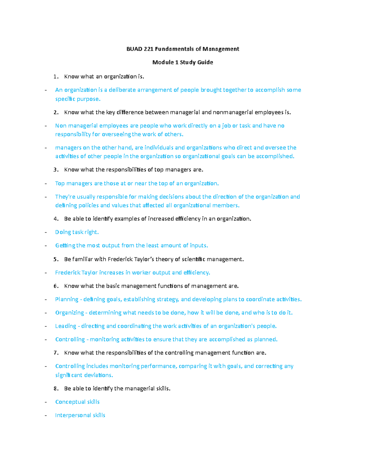 Module 1 Study Guide - BUAD 221 Fundamentals of Management Module 1 ...