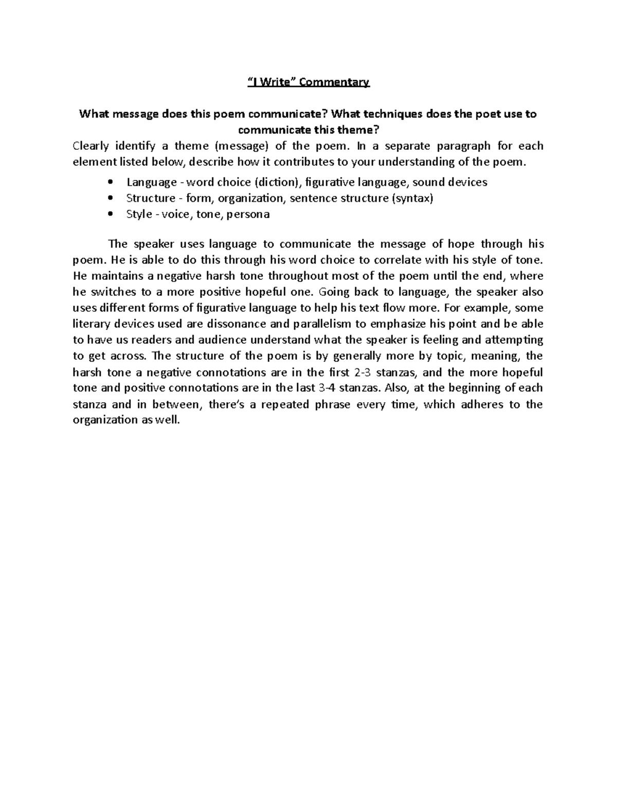 'I Write' Commentary - notes - “I Write” Commentary What message does ...