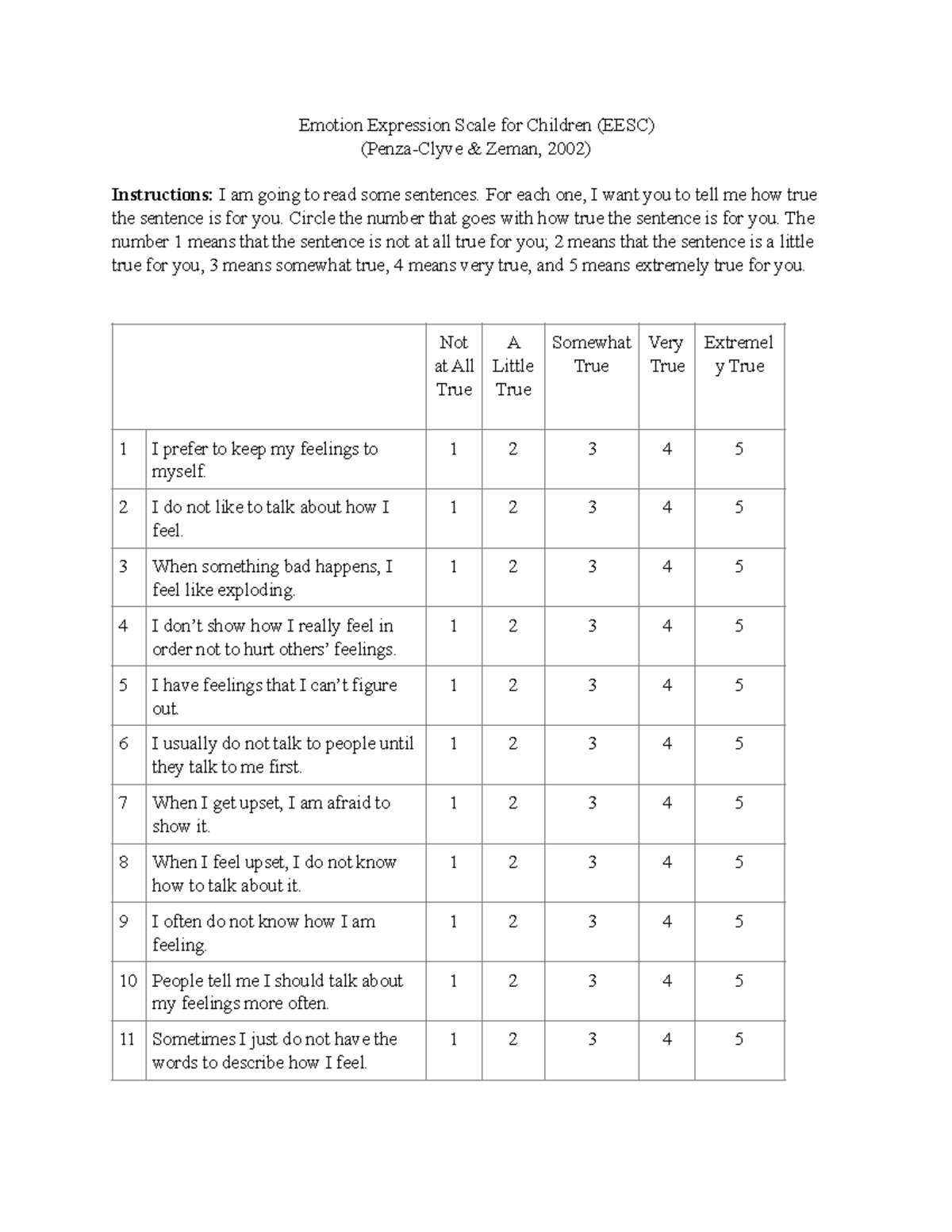 Emotion Expression Scale - For each one, I want you to tell me how true ...