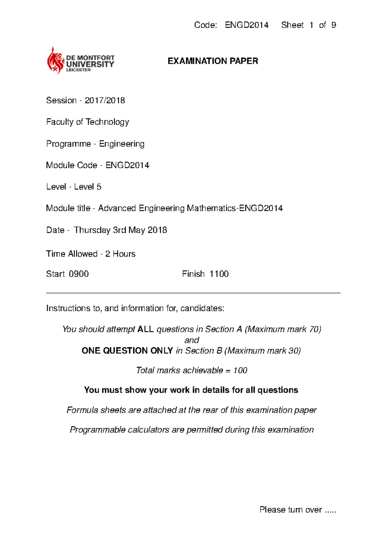 ENGD2014 2018 Exam - EXAMINATION PAPER Session - 2017/ Faculty of ...