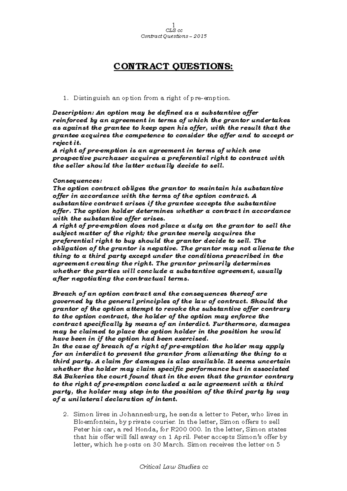 Contract Question PACK 2015 - CLS cc Contract Questions – 2015 CONTRACT ...