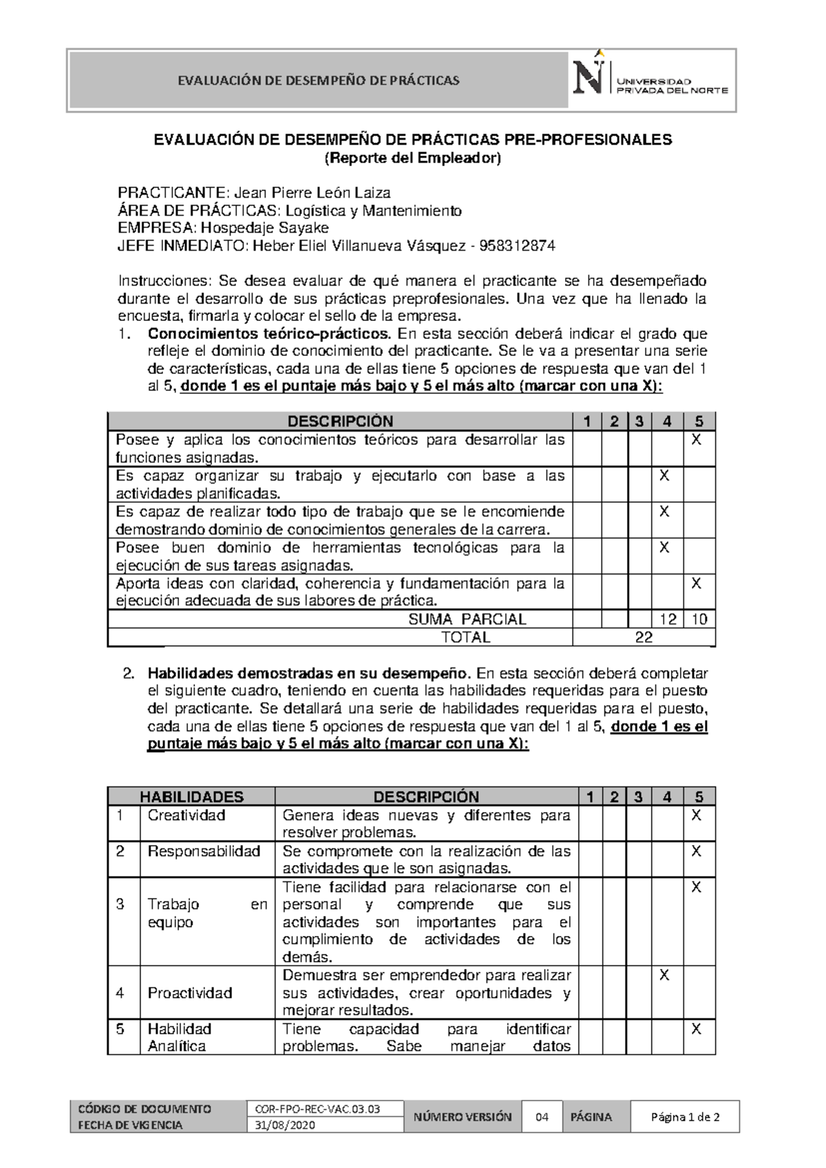 EFA PPP Leonlaizajeanpierre - EVALUACIÓN DE DESEMPEÑO DE PRÁCTICAS CÓDIGO DE DOCUMENTO - Studocu