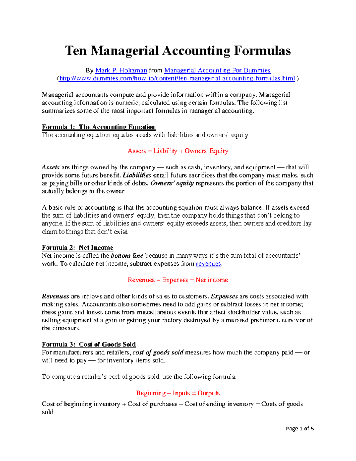 Accountancy Important Formulae - Ten Managerial Accounting Formulas By ...