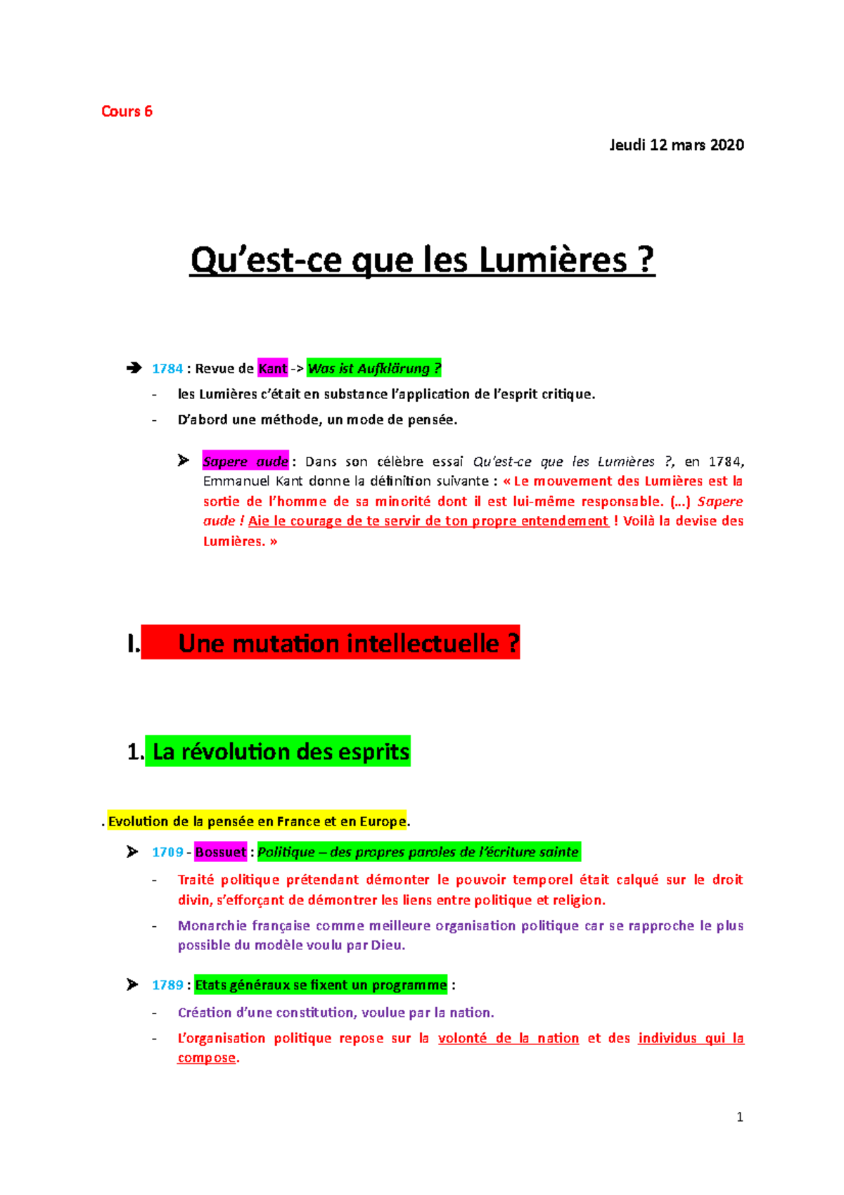 Qu’est-ce que les Lumières ? - Cours 6 Jeudi 12 mars 2020 Qu’est-ce que les Lumières? 1784 ...