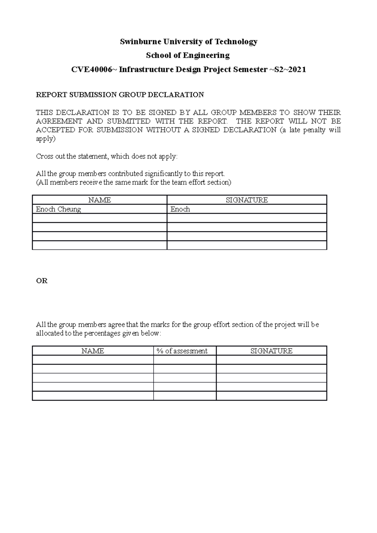 CVE40006 Group Declaration Form 2021 - CVE40006 - Swinburne - Studocu