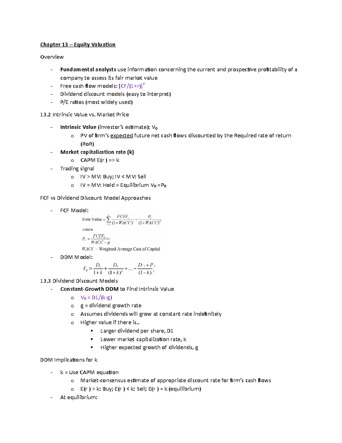FIN 352 Chapter 13 Equity Valuation - Chapter 13 – Equity Valuation Overview Fundamental ...