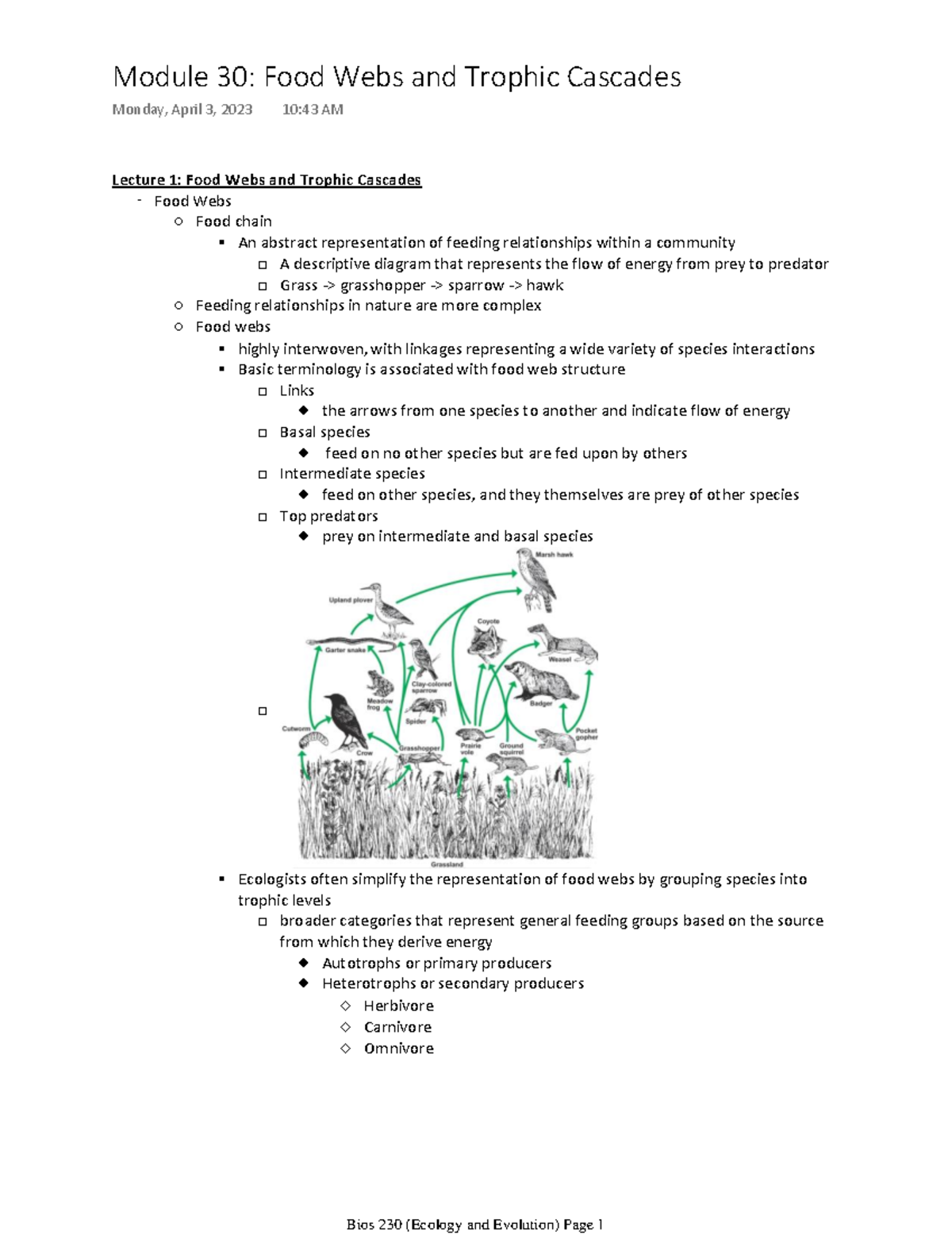 Bios 230 (Ecology and Evolution) Module 30 - Lecture 1: Food Webs and ...