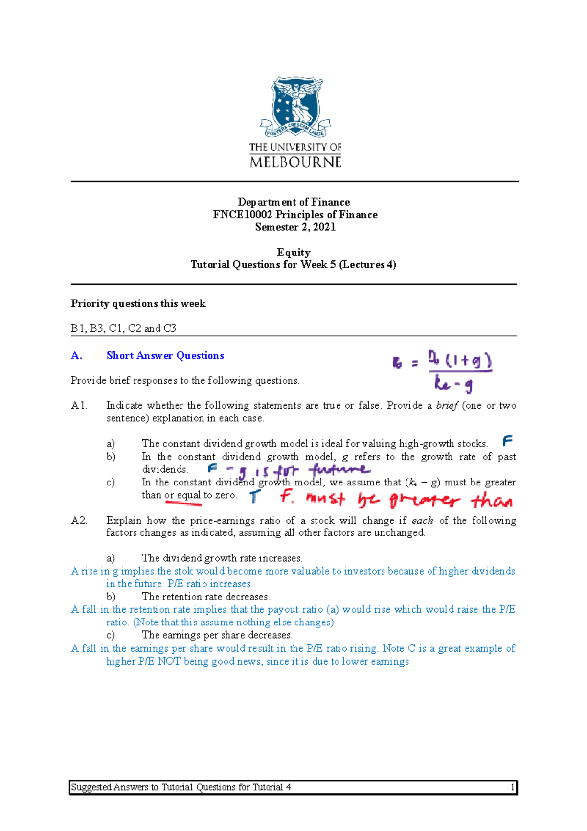 Tutorial 4 updated - Department of Finance FNCE10002 Principles of Finance Semester 2, 2021 ...
