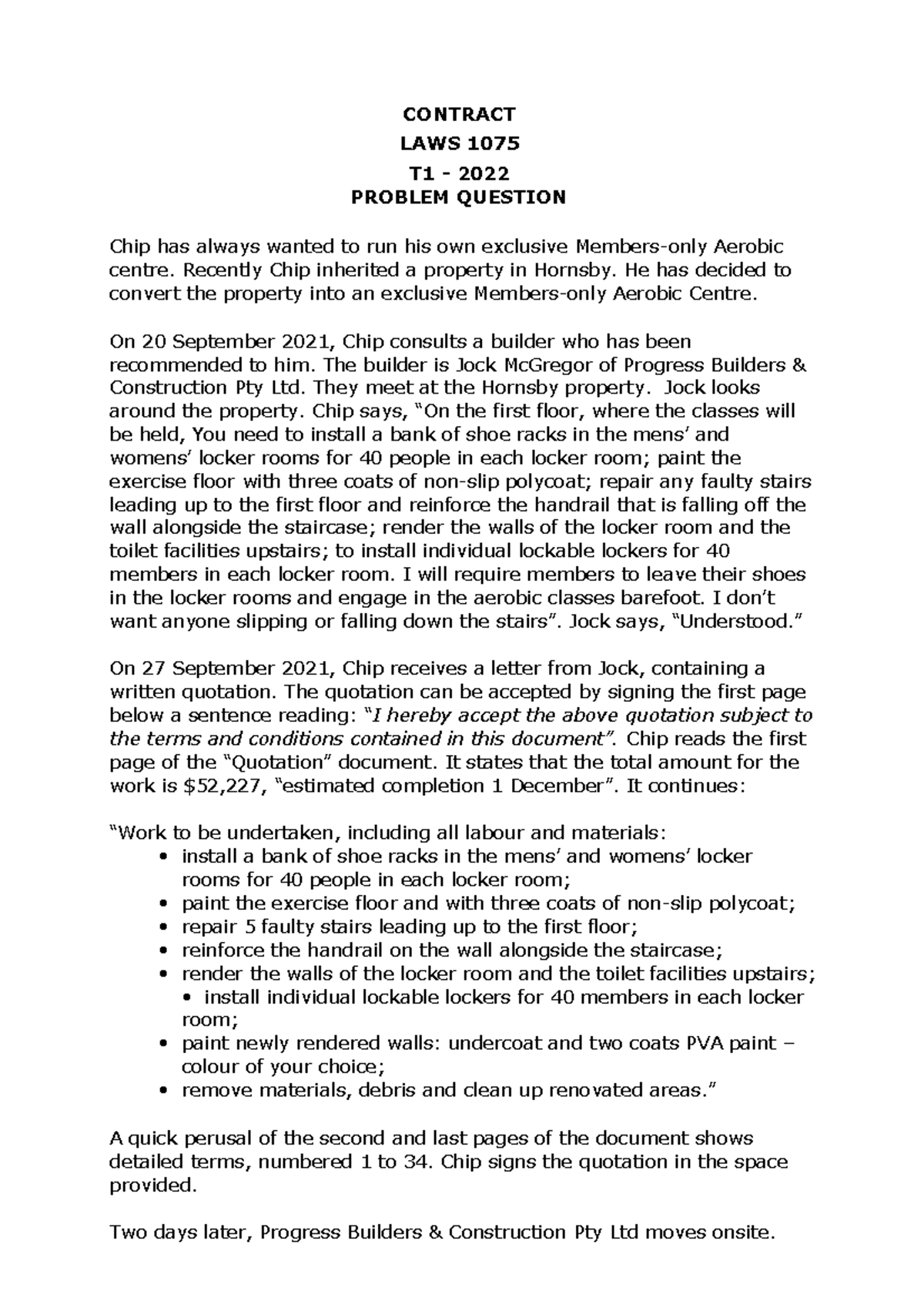 Contracts Practice Question 2022 - CONTRACT LAWS 1075 T1 - 2022 PROBLEM ...