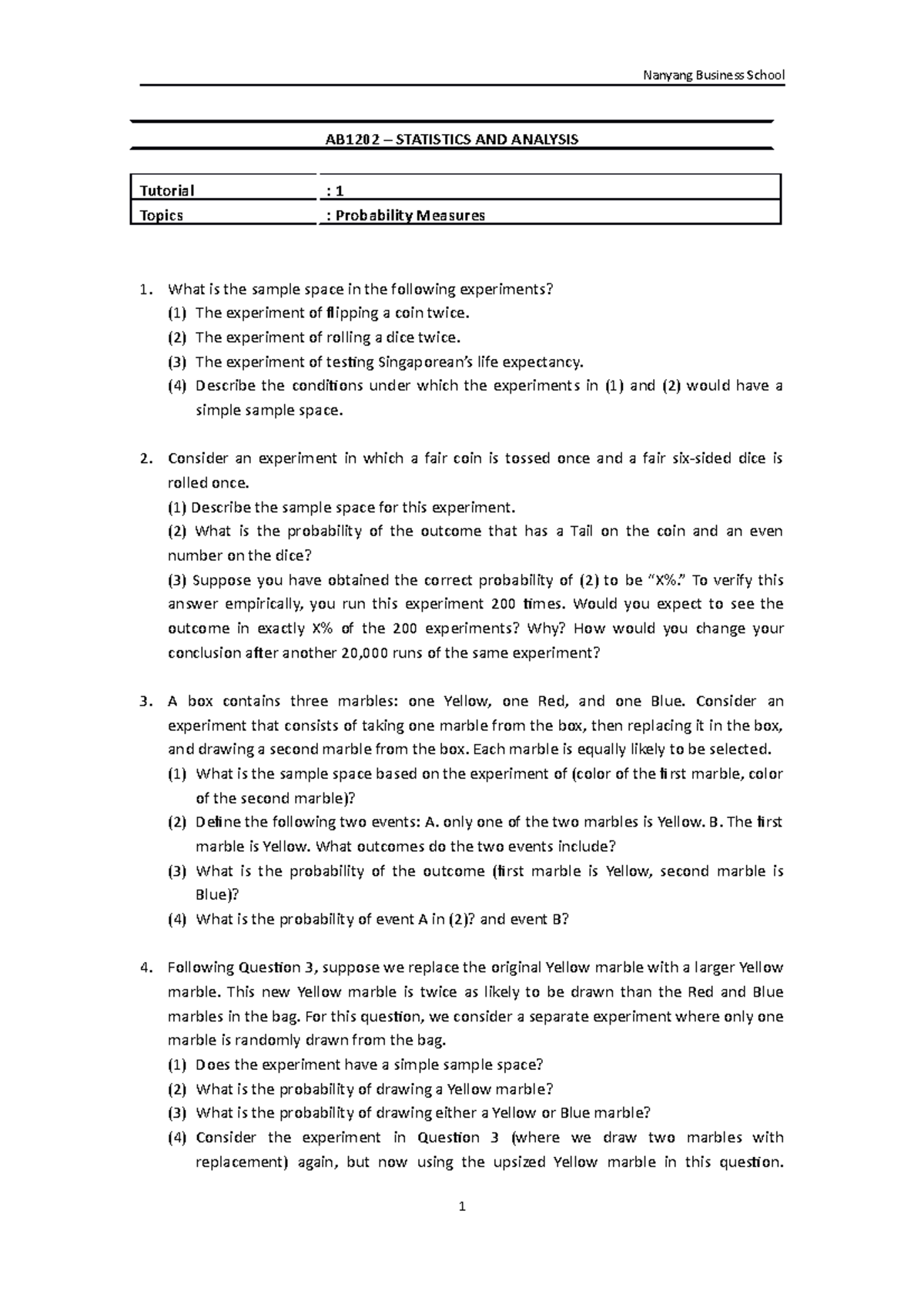 tutorial 1 ab1202 - Nanyang Business School AB1202 – STATISTICS AND ...