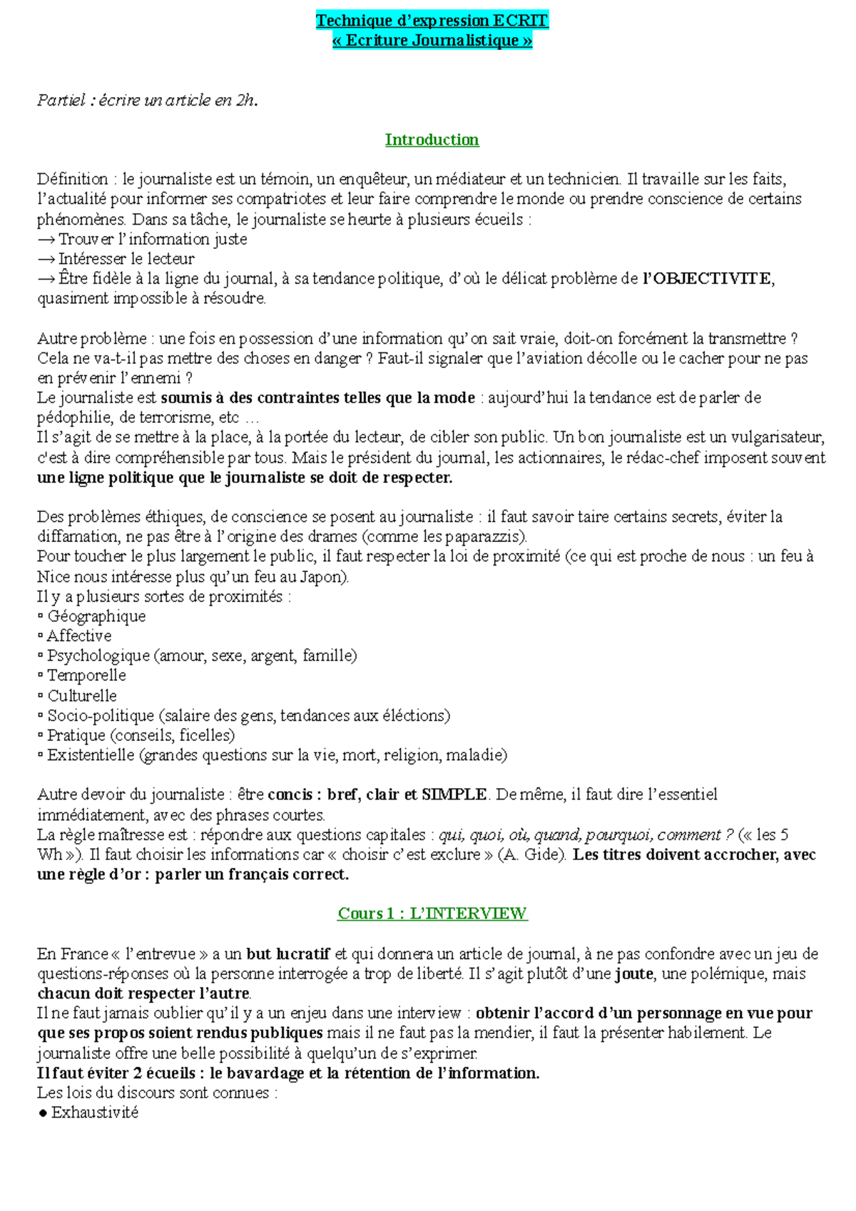 Ecriture journalistique L2 - Technique d’expression ECRIT « Ecriture ...