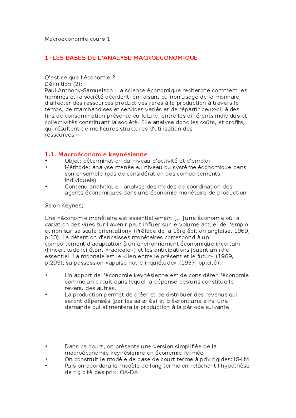Macroeconomie cours 1 - macro 2 - Macroeconomie cours 1 1- LES BASES DE L’ANALYSE ...