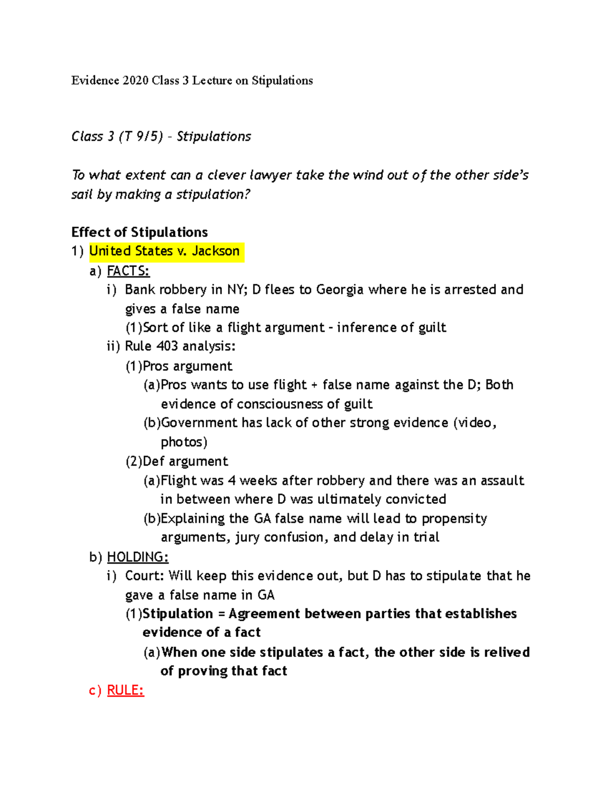Evidence 2020 Class 3 Lecture on Stipulations - Evidence 2020 Class 3 ...
