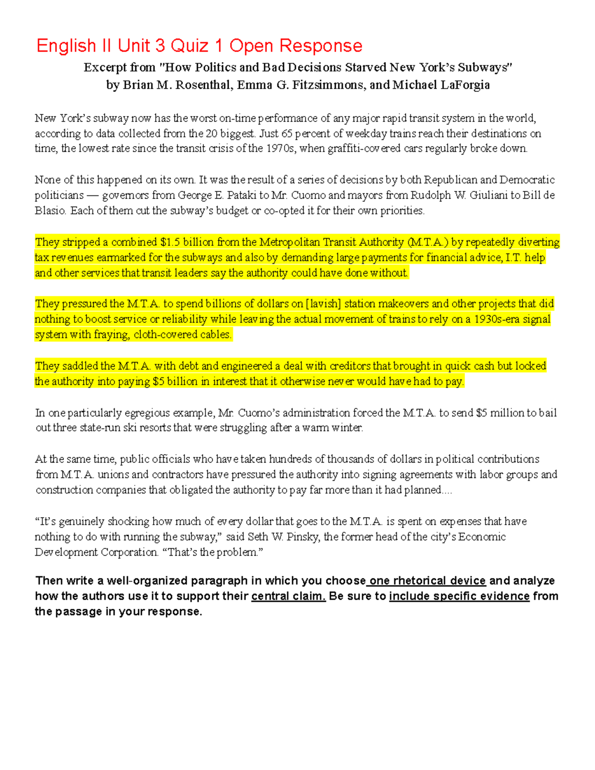 English II Unit 3Q1 Open Response - English II Unit 3 Quiz 1 Open ...