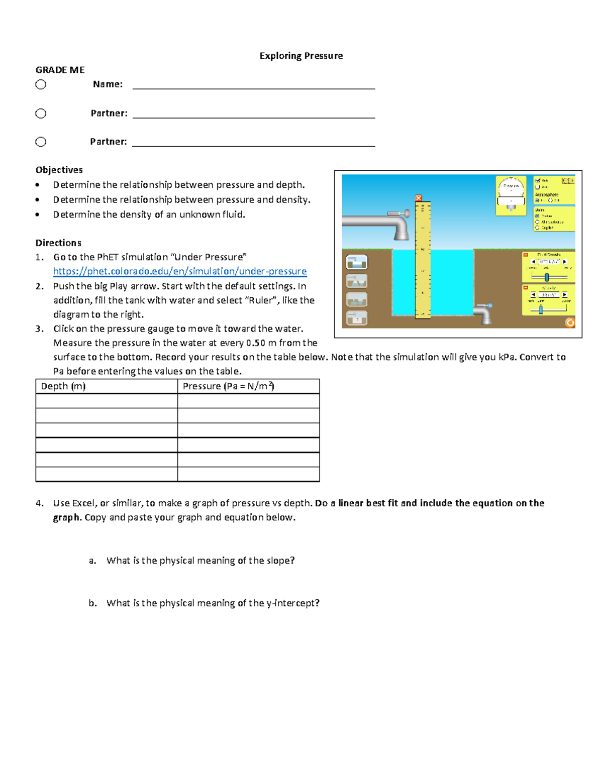 Fluids - Exploring Pressure with PhET. - Exploring Pressure GRADE ME ⃝ ...