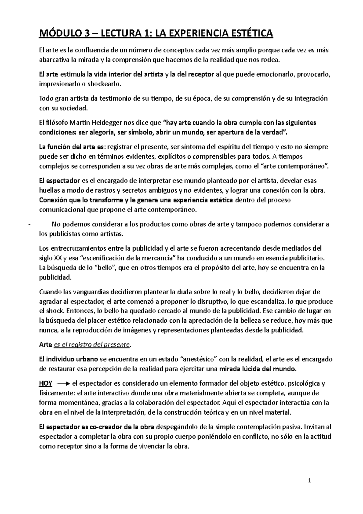 Resumen M3 Y 4 Estética - MÓDULO 3 – LECTURA 1: LA EXPERIENCIA ESTÉTICA ...
