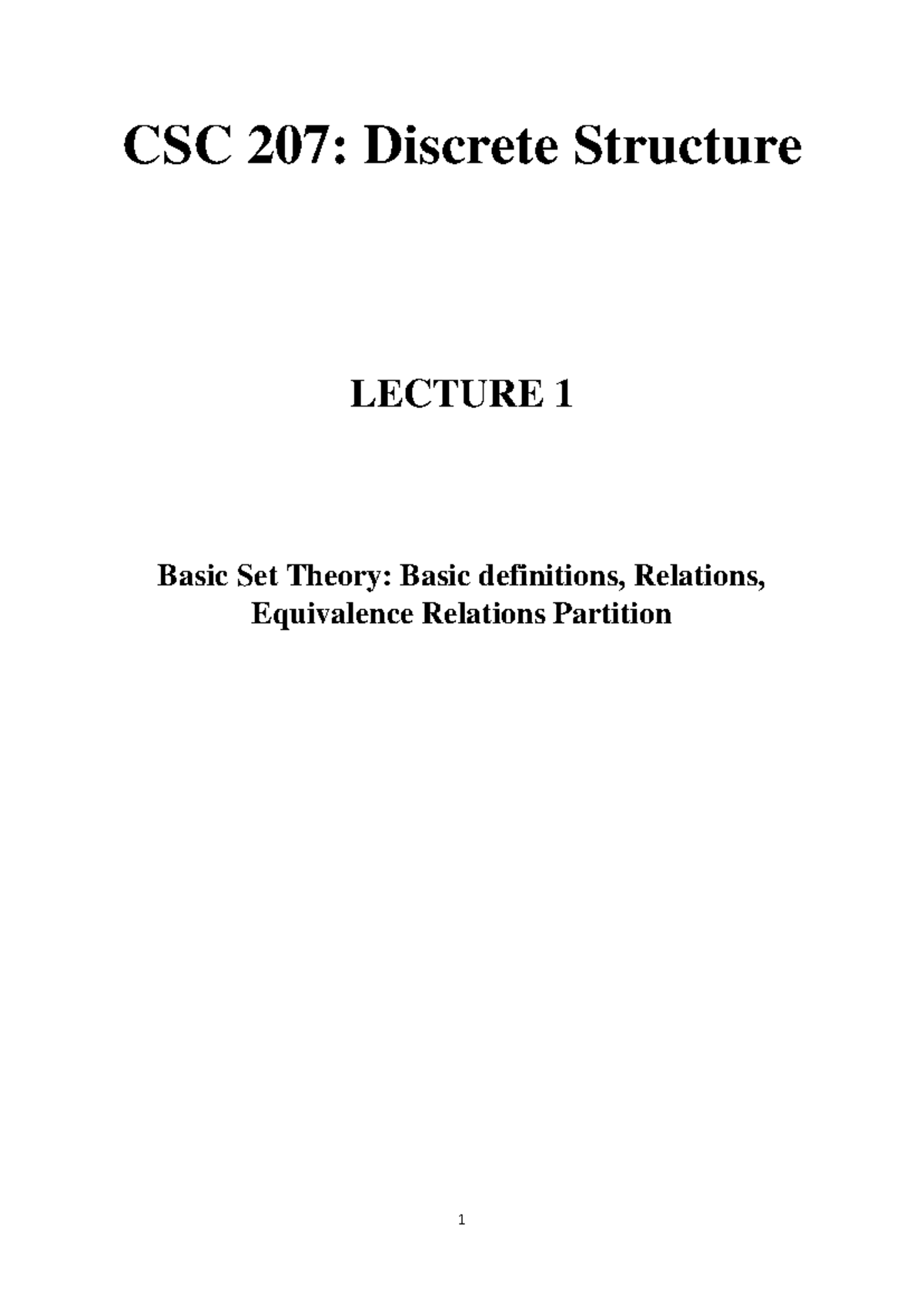 Mtu Csc 207 Klkl Csc 207 Discrete Structure Lecture 1 Basic Set Theory Basic Definitions