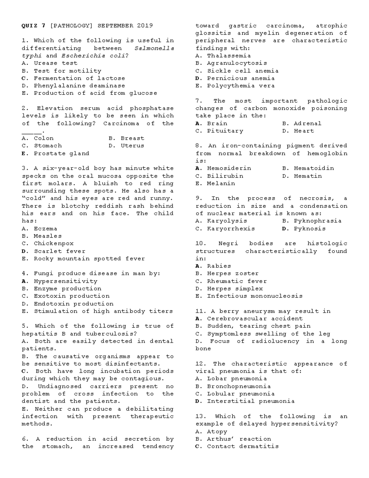 QUIZ 7 S19 PATH - review notes - QUIZ 7 [PATHOLOGY] SEPTEMBER 2019 ...