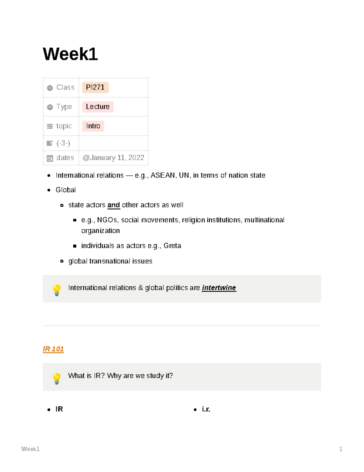 Week1 - Introduction to the course - Week1 1 Week Class PI Type Lecture ...