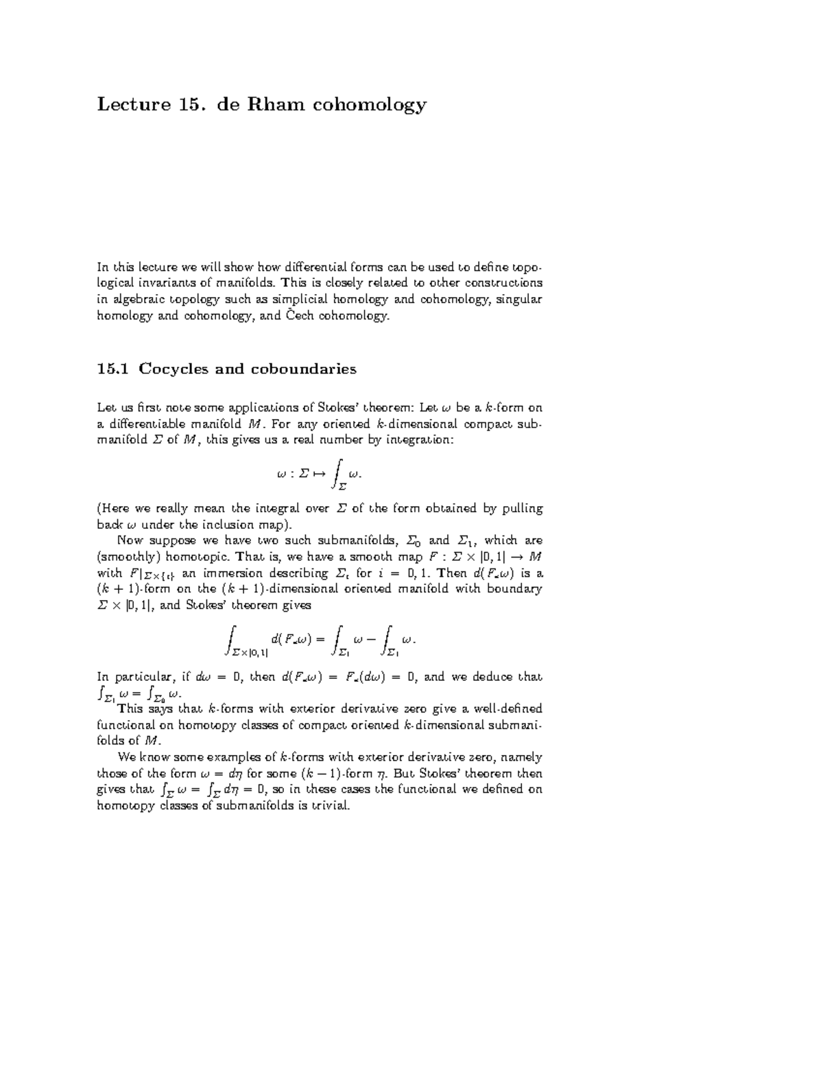 DG Lecture 15 - de Rham cohomology - Lecture 15. de Rham cohomology In ...