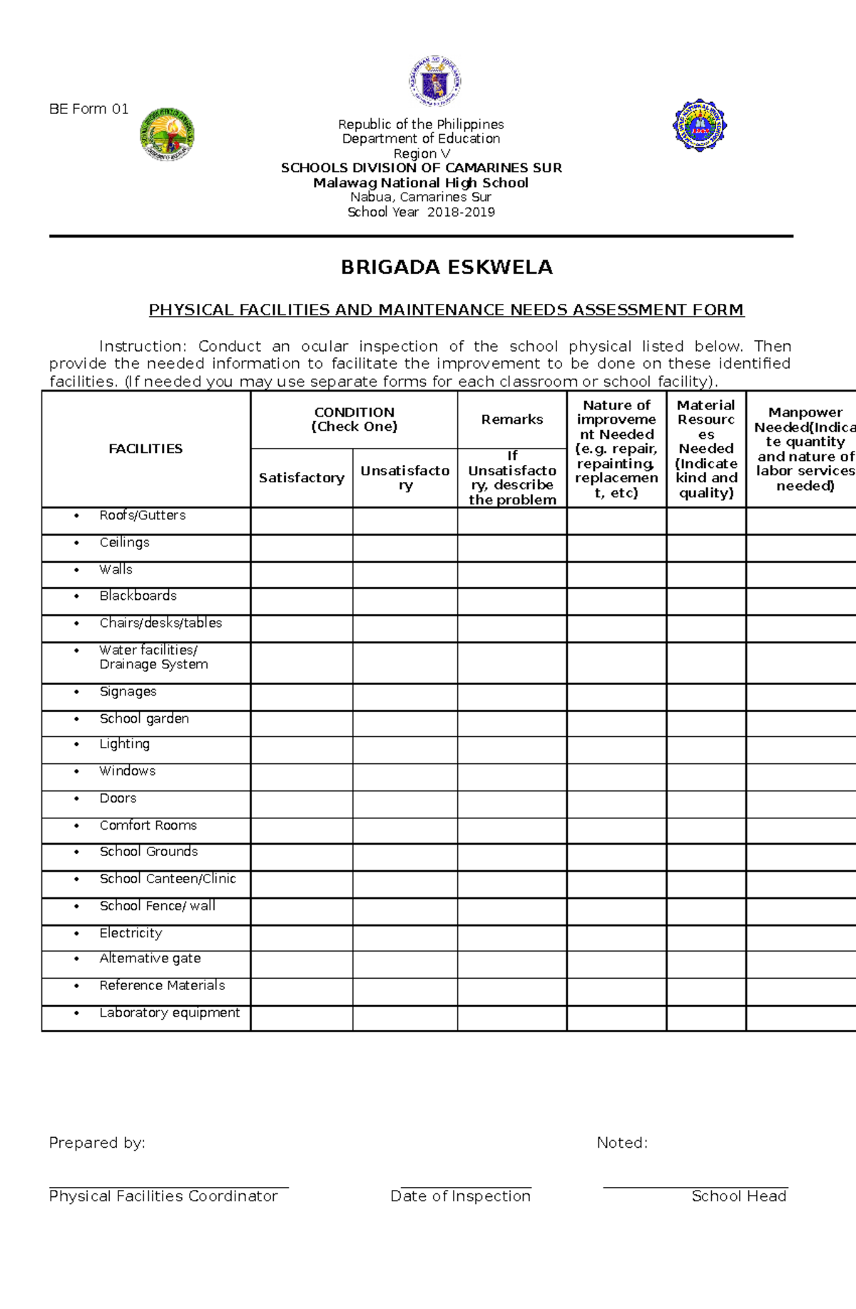 BE Form 1 Physical Facilities AND Maintenance Needs Assessment FORM ...