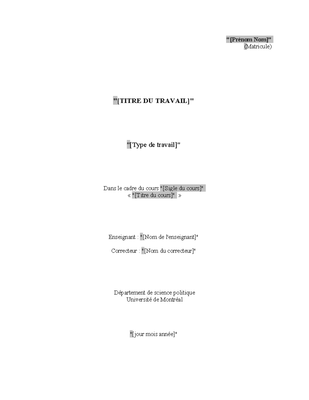 Modèle de document - "[Prénom Nom]" (Matricule) "[TITRE DU TRAVAIL ...