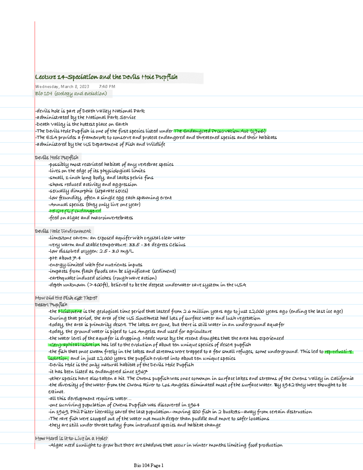 Bio 104 lecture 14 - Biology 104-ecology and evolution, Speciation and the Devils Hole Pupfish ...