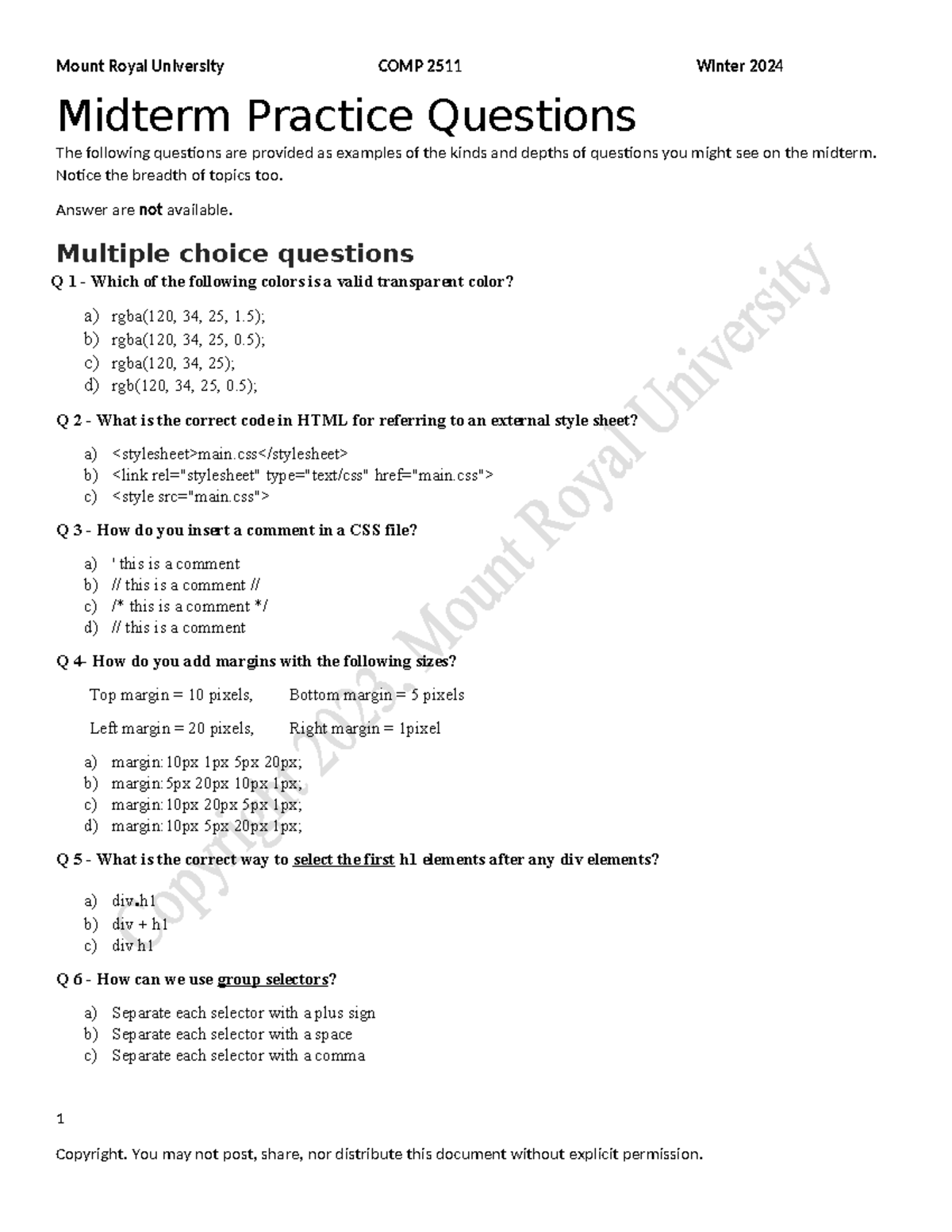 Midterm Practice Questions - Winter 2024 - Midterm Practice Questions ...