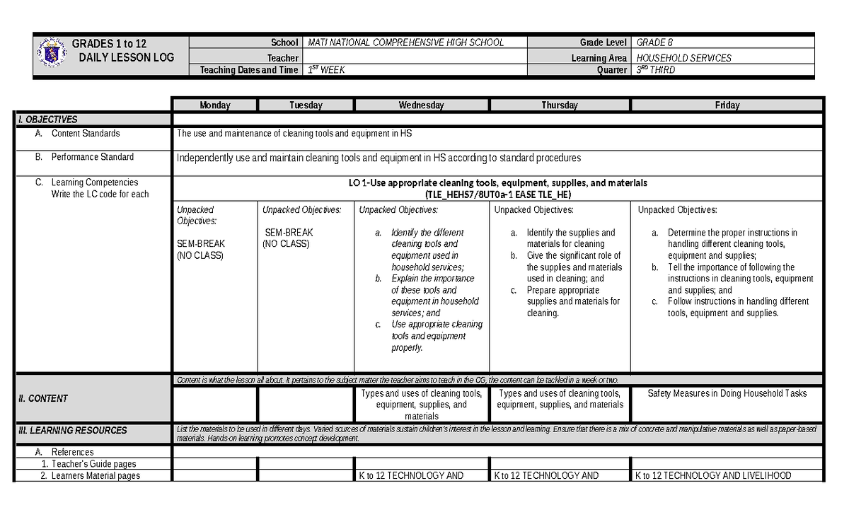 Q3 Housekeeping WEEK 1 - guide - GRADES 1 to 12 DAILY LESSON LOG School ...
