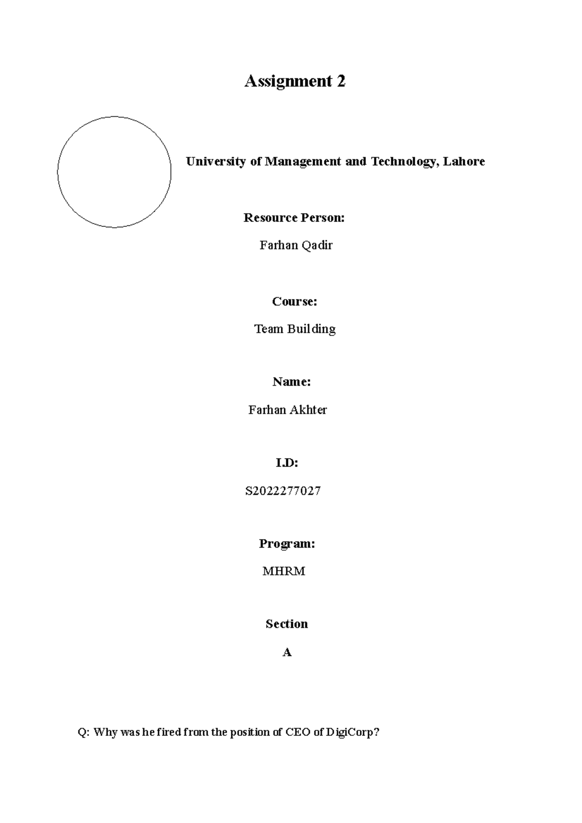 Assignment 1 science - Assignment 2 University of Management and ...