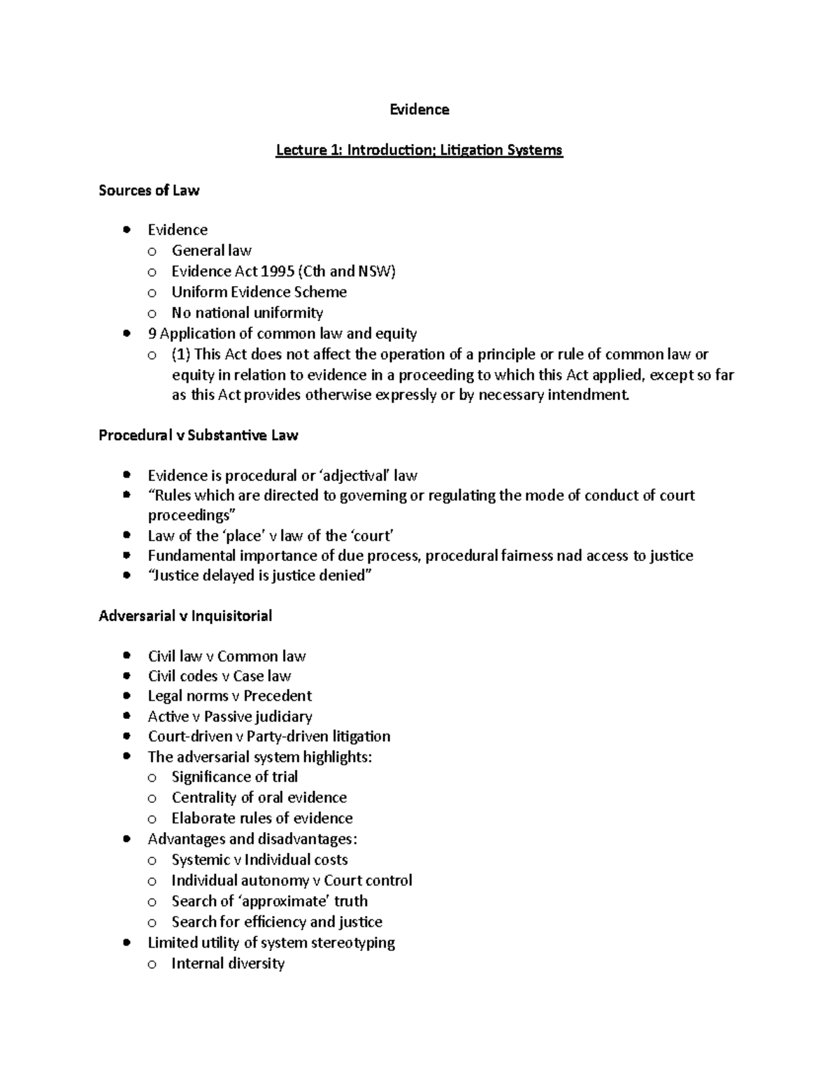 Evidence Lecture notes - Evidence Lecture 1: Introduction; Litigation ...
