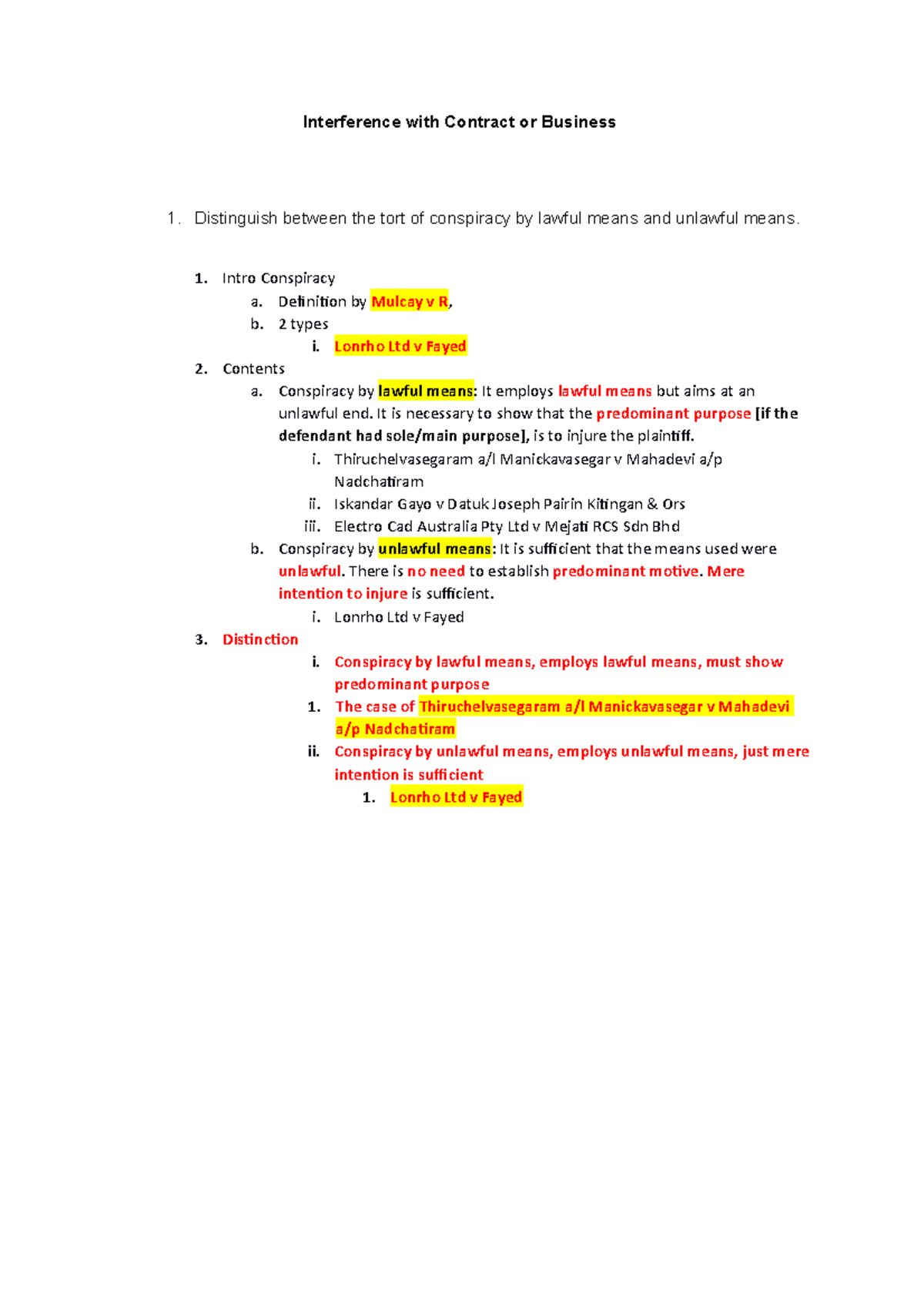 Tutorial 7 Torts - Outline - Interference with Contract or Business ...