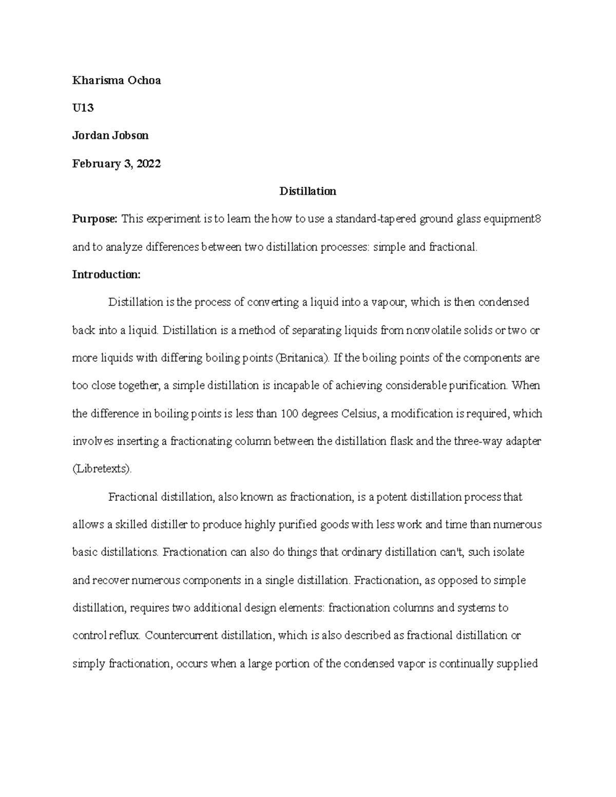 FIU Organic Chemistry: Distillation Lab - Kharisma Ochoa U Jordan ...