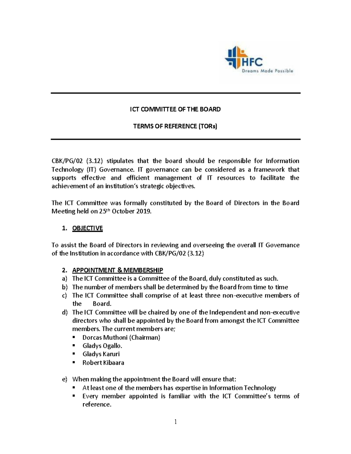 TORS ICT Committee 2020 - ICT COMMITTEE OF THE BOARD TERMS OF REFERENCE ...