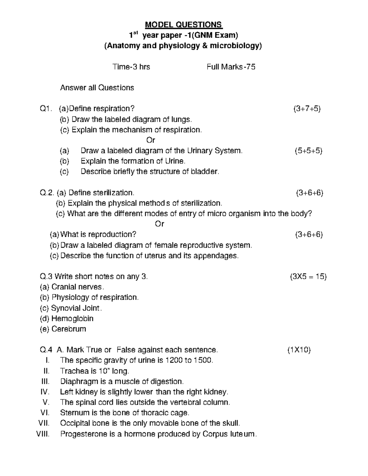 GNM And ANM Previous Year Question Paper 2019 MODEL QUESTIONS 1 St