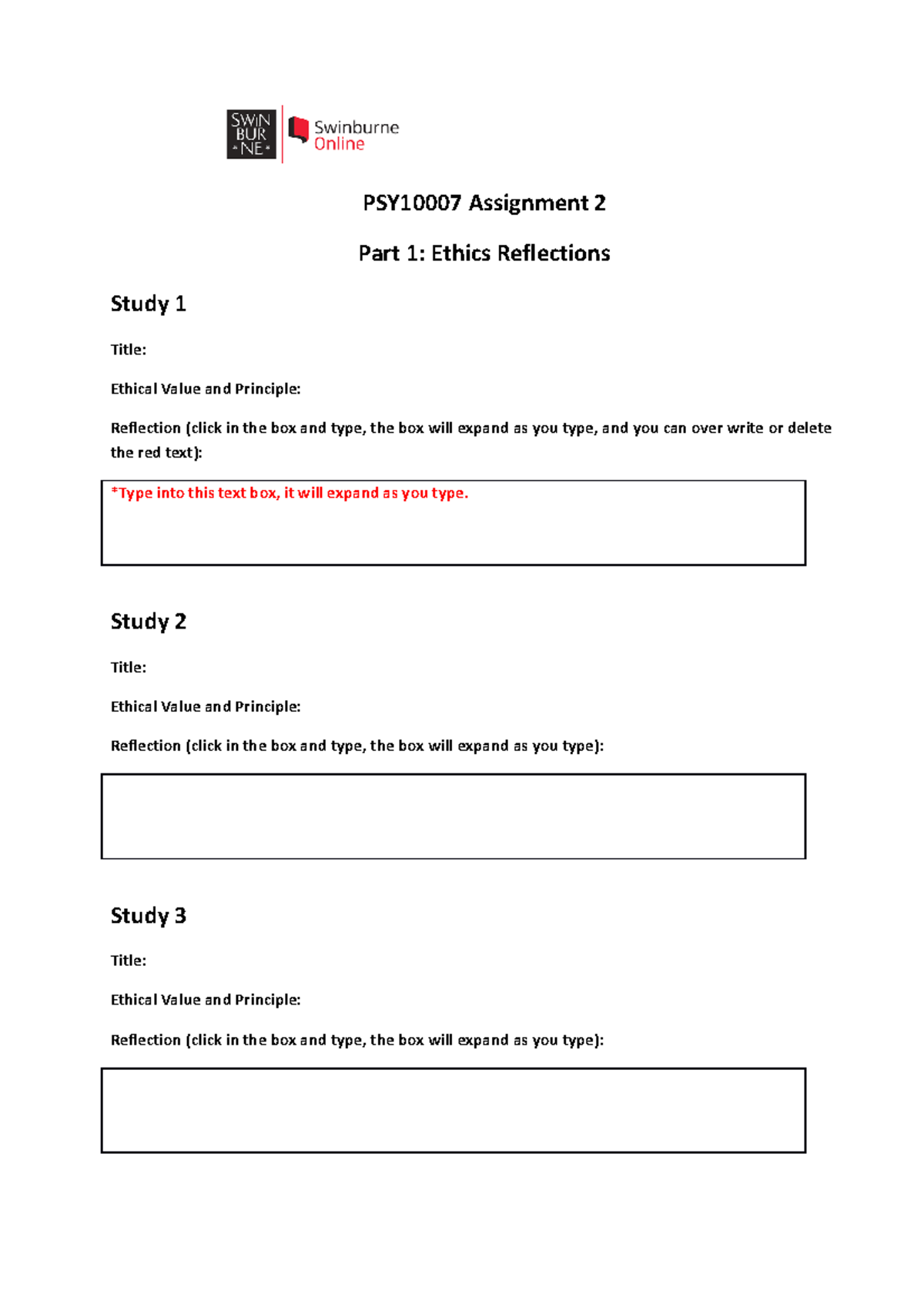 Assignment 2 Reflective assignment template - PSY10007 Assignment 2 Part 1: Ethics Reflections ...