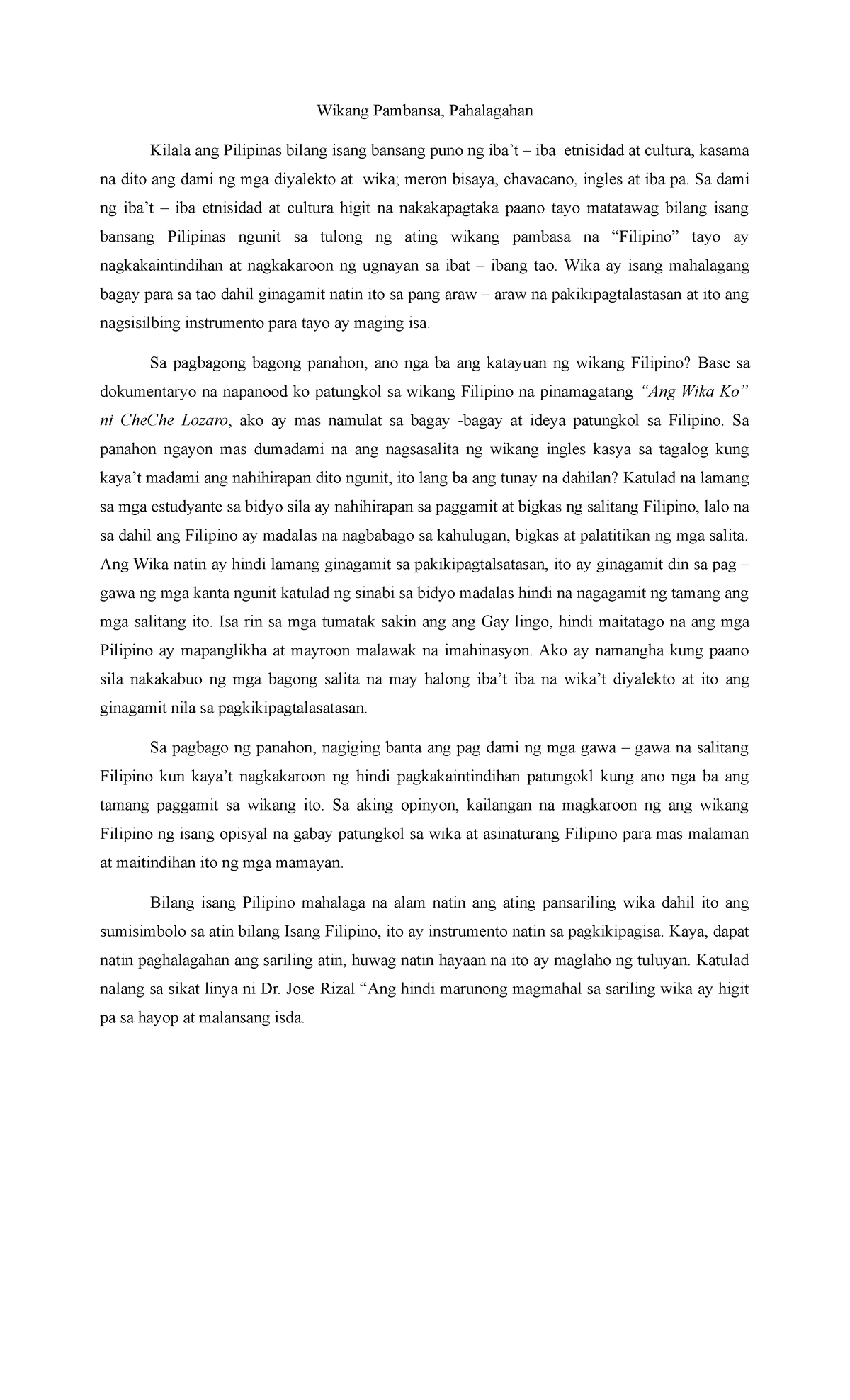 WIKA - A essay about wika - Wikang Pambansa, Pahalagahan Kilala ang ...