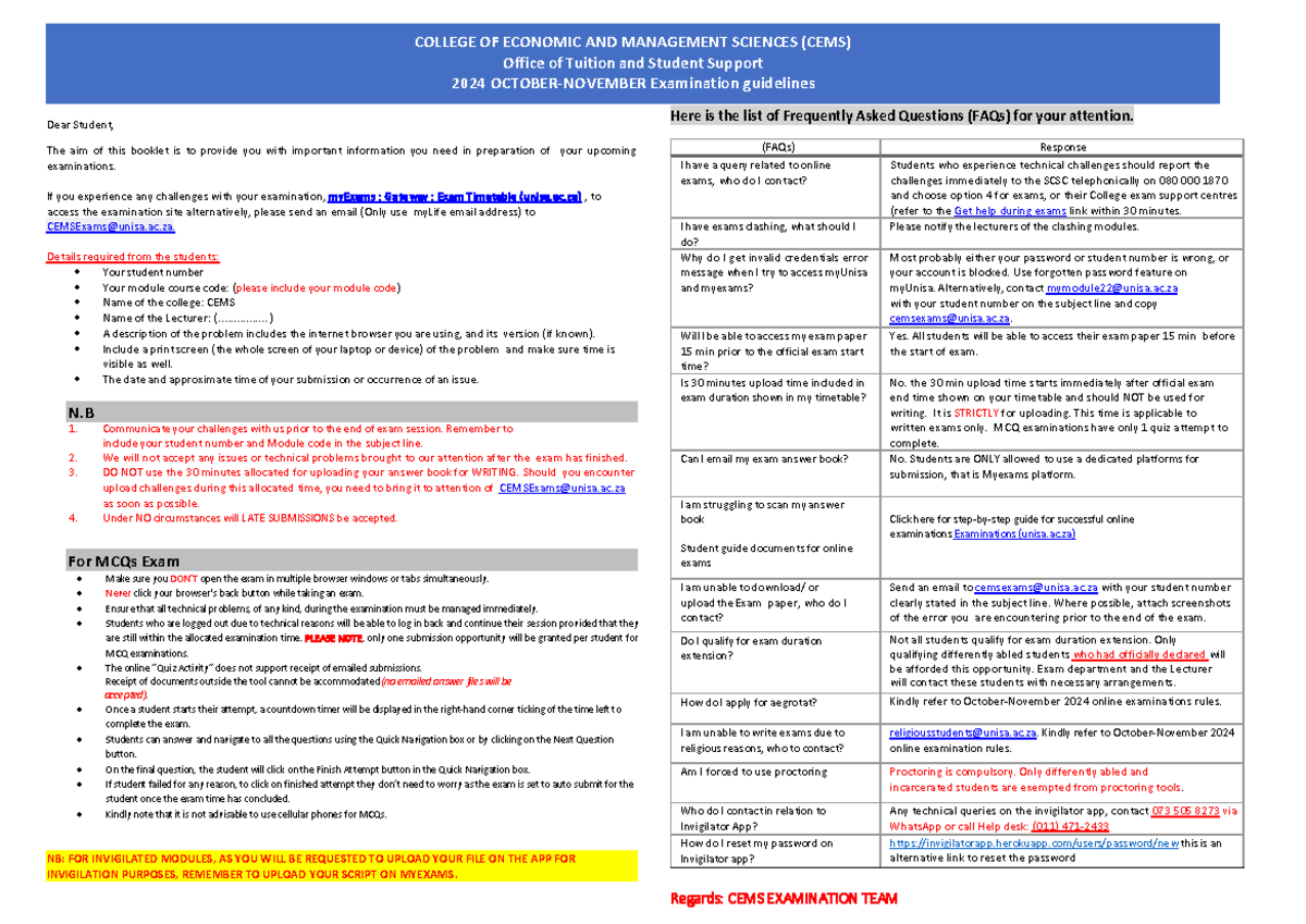 Exam Booklet Oct-Nov exam 2024. 3 - COLLEGE OF ECONOMIC AND MANAGEMENT ...