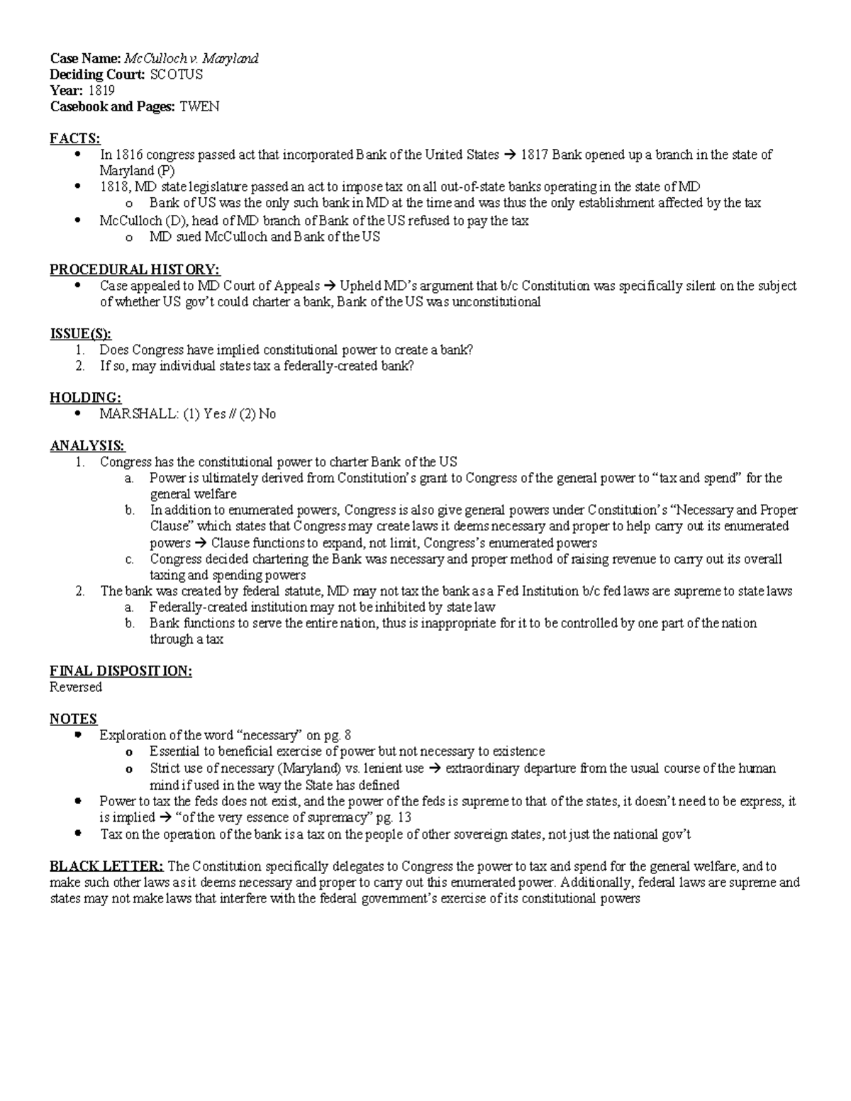 Mc Culloch v. Maryland - Case Name: McCulloch v. Maryland Deciding ...