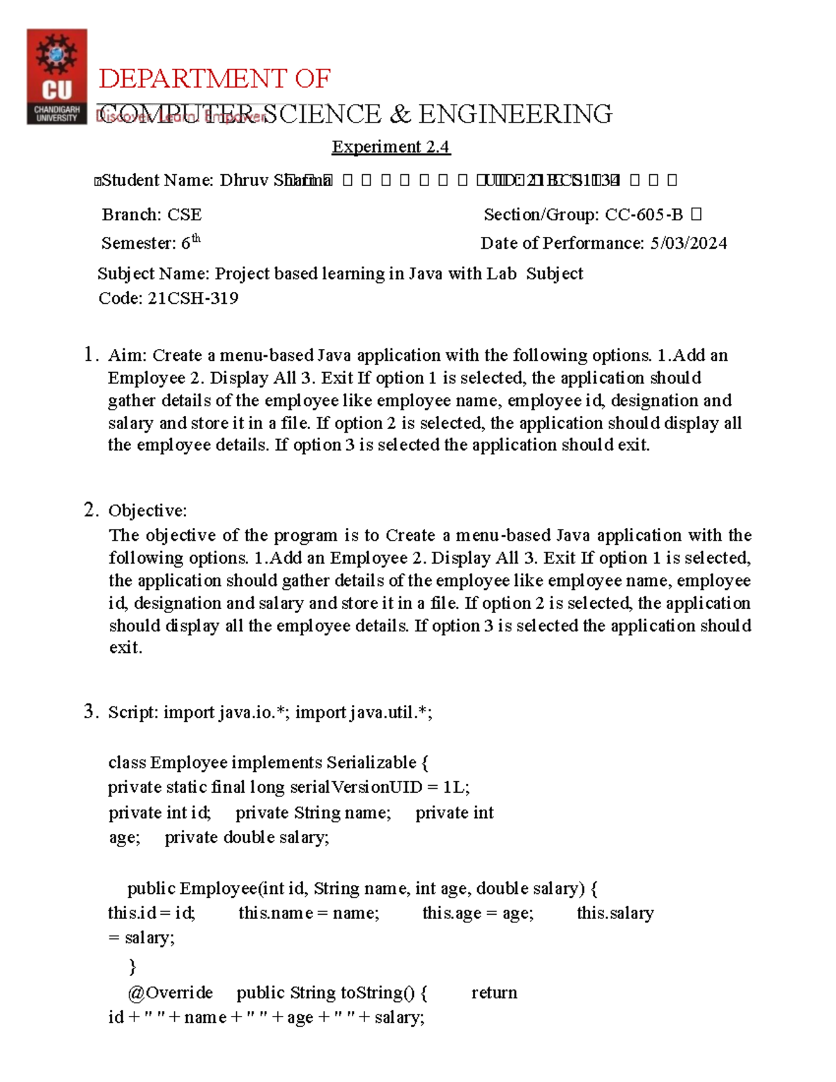 2.4 Java Dhruv - COMPUTER SCIENCE & ENGINEERING Experiment 2 ...