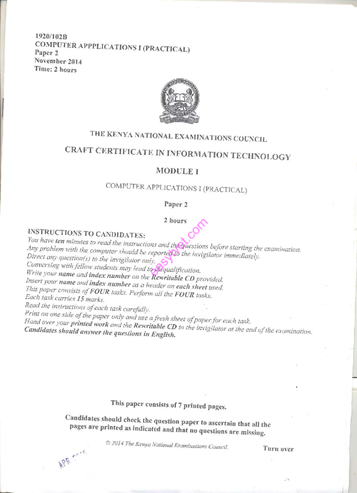 2014 n - N/A - COMPUTER APPLICATIONS I (PRACTICAL) Paper 2 November ...