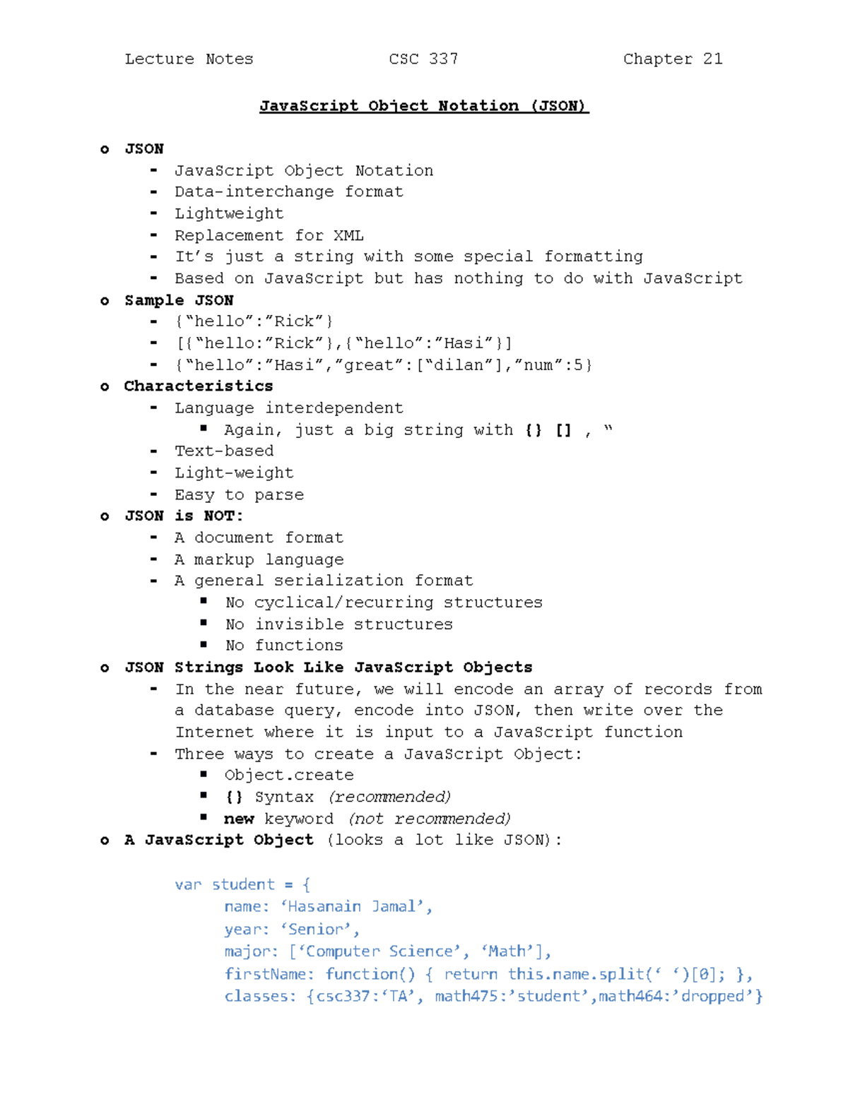 JSON - Professor: Rick Mercer - Lecture Notes CSC 337 Chapter 21 ...
