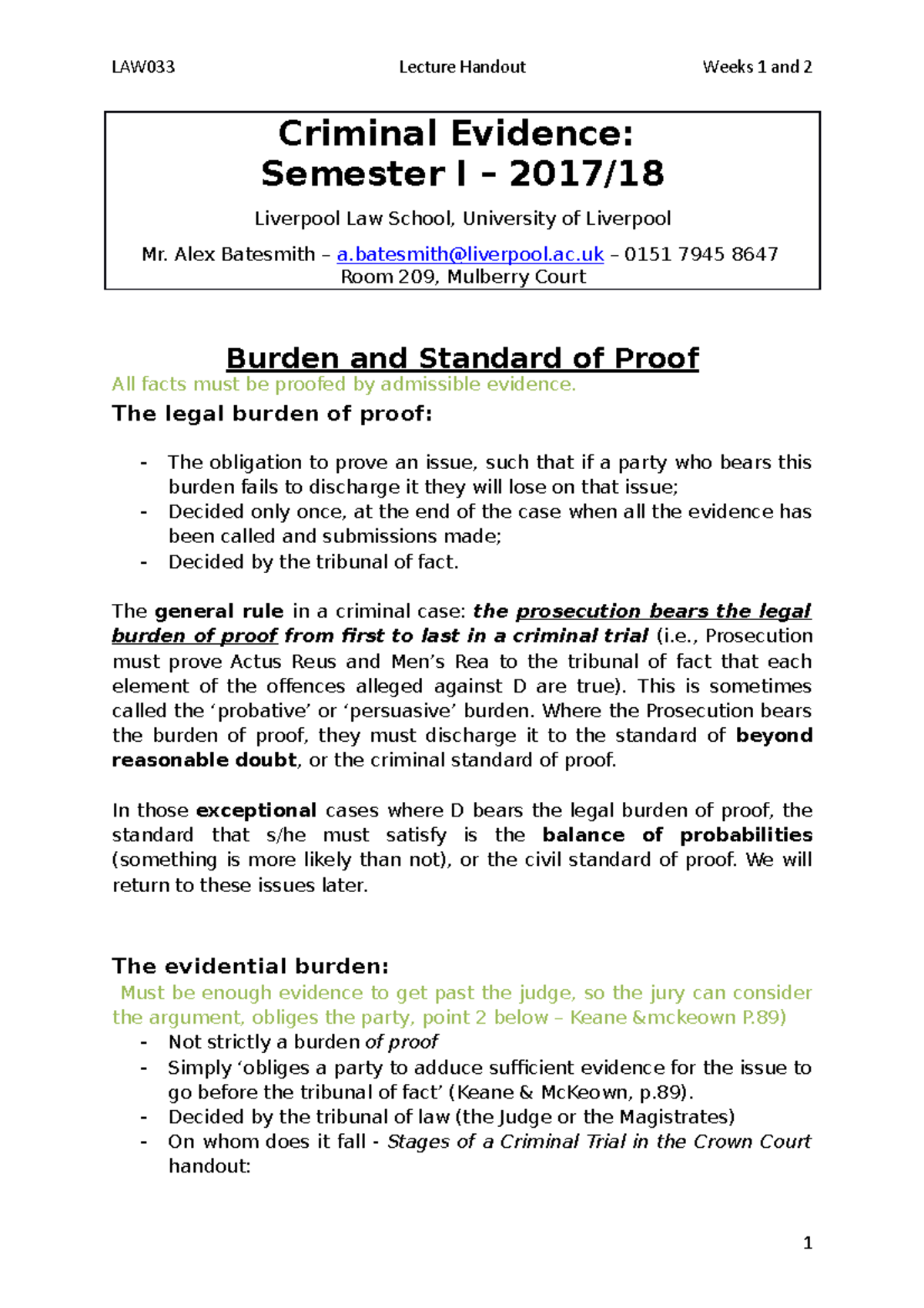 Burden and Standard Of Proof Handout - Criminal Evidence: Semester I ...
