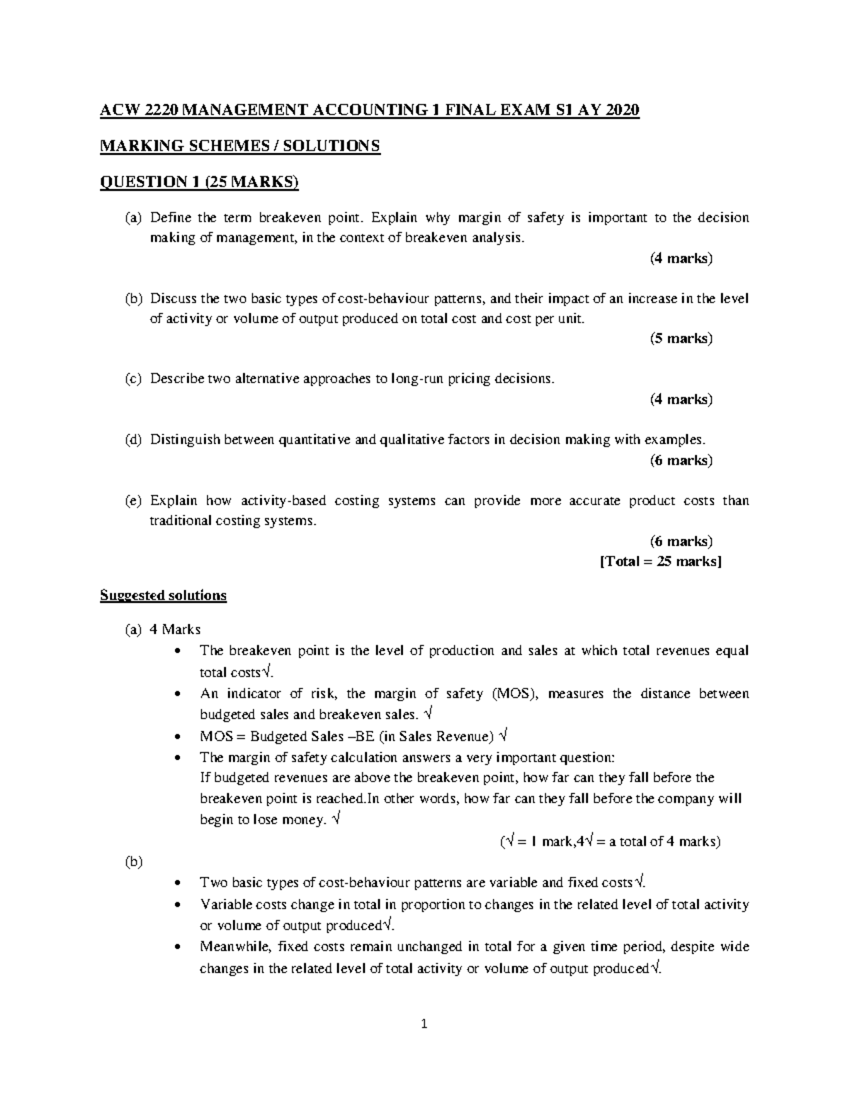 ACW 2220 Management Accounting 1 S1 AY 2020 Final Exam Marking Scheme ...
